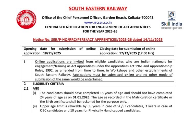 RRC South Eastern Railway Apprentice Recruitment 2025-26, Apply 10TH ...
