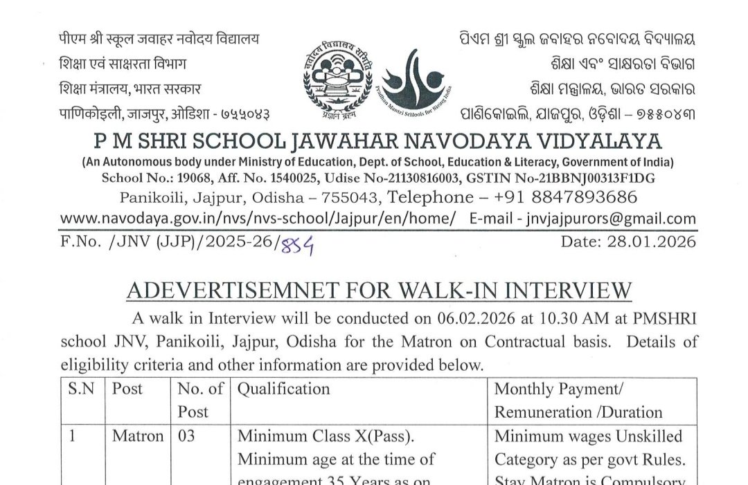 PM SHRI Jawahar Navodaya Vidyalaya Recruitment 2026 - Apply Matron ...